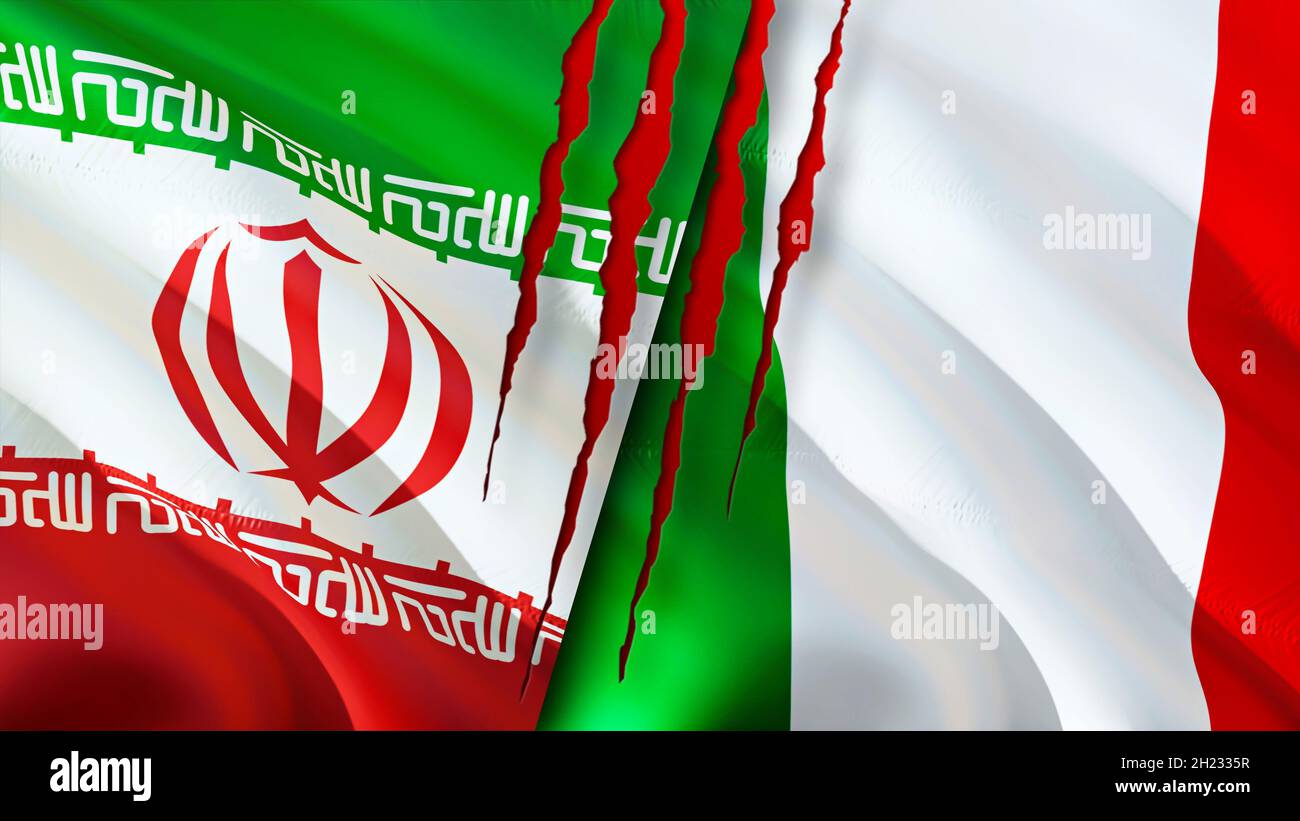 Iran and Italy flags with scar concept. Waving flag,3D rendering. Italy ...