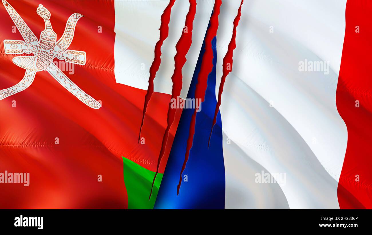Oman and France flags with scar concept. Waving flag,3D rendering ...