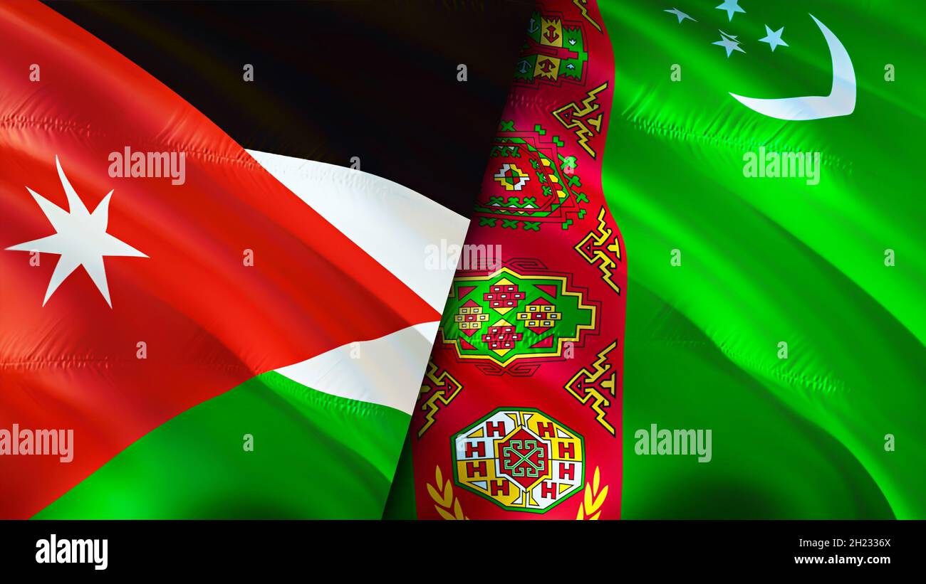 Jordan and Turkmenistan flags. 3D Waving flag design. Turkmenistan ...