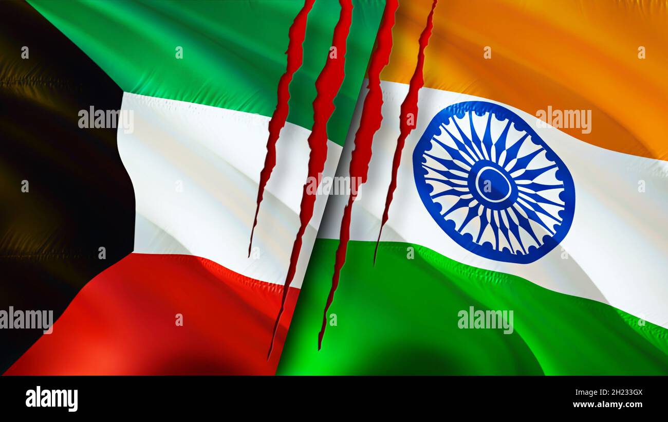 Kuwait and India flags with scar concept. Waving flag,3D rendering ...