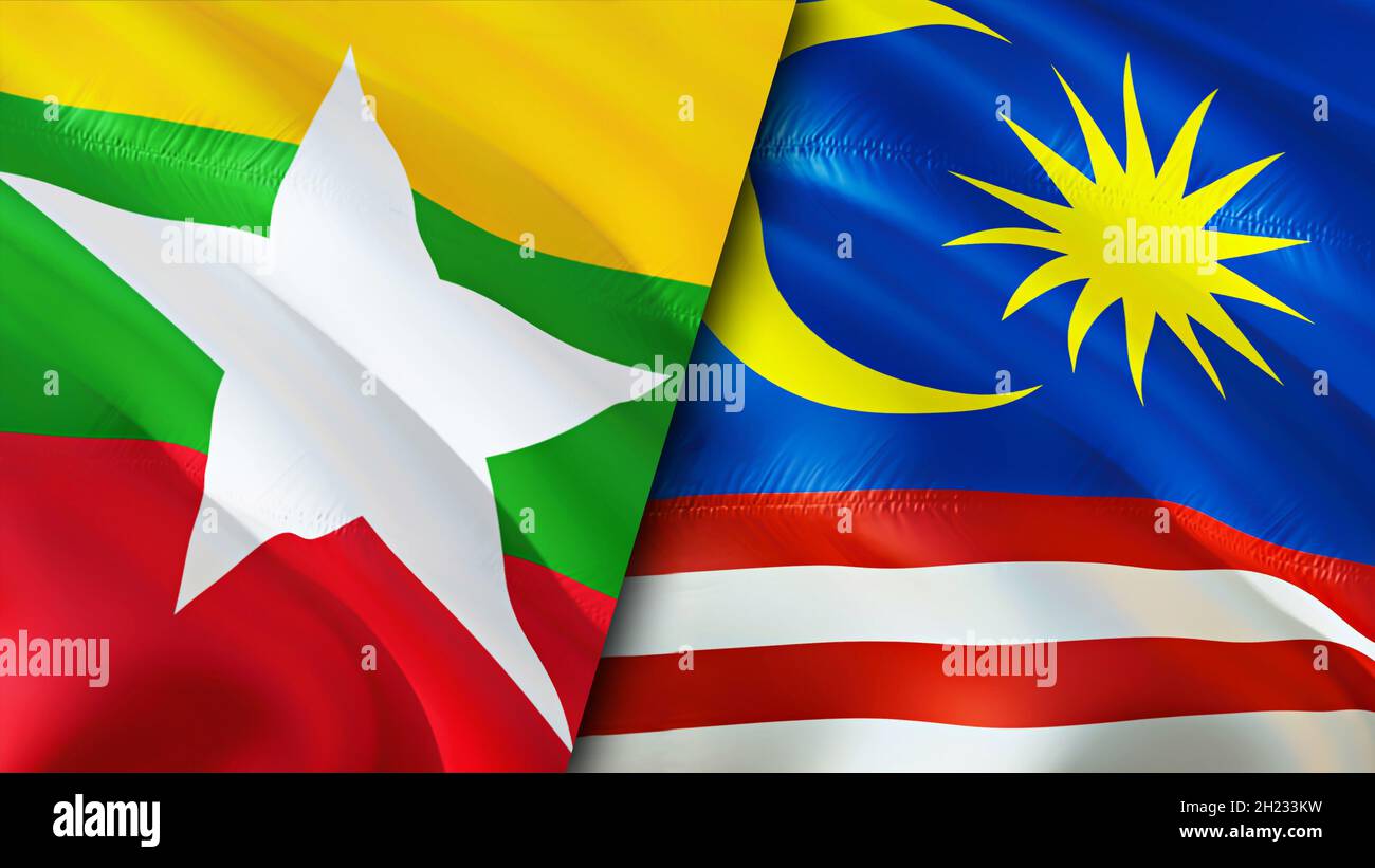Myanmar and Malaysia flags. 3D Waving flag design. Malaysia Myanmar ...