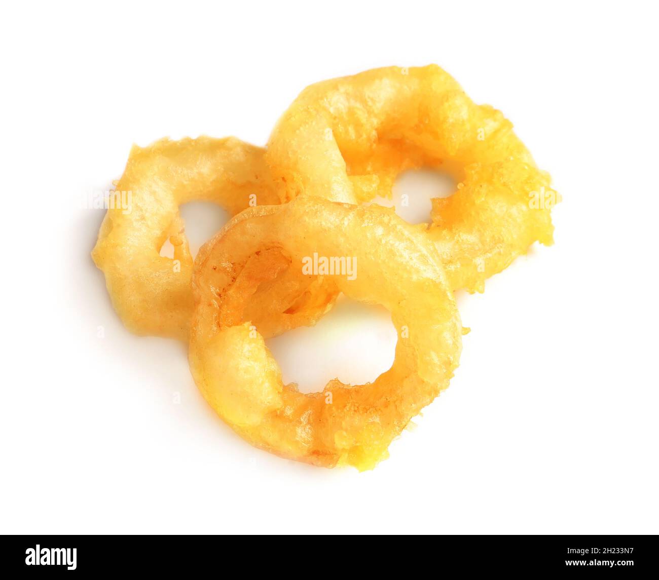 Delicious golden breaded and deep fried crispy onion rings on white ...
