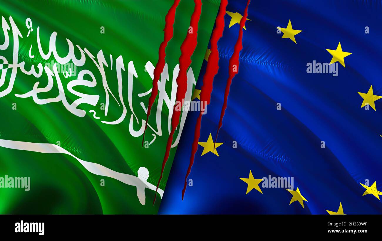 Saudi Arabia and European Union flags with scar concept. Waving flag,3D ...
