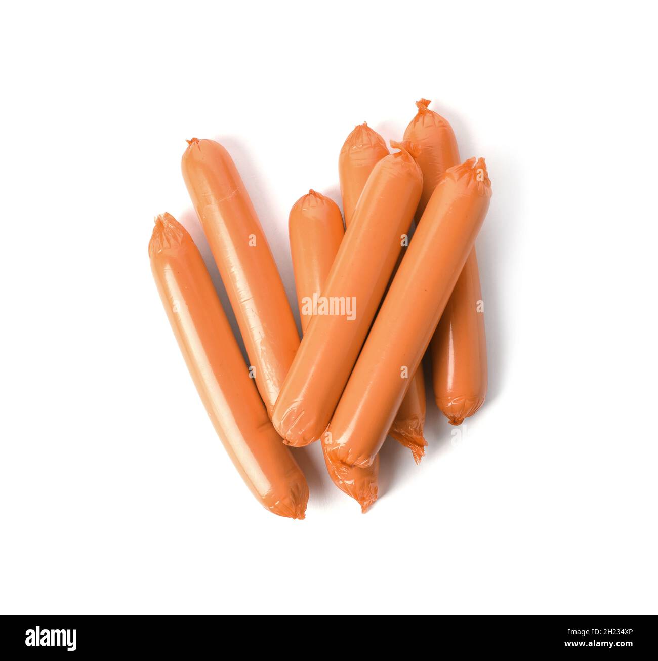 Encased sausages on white background, top view. Meat product Stock ...