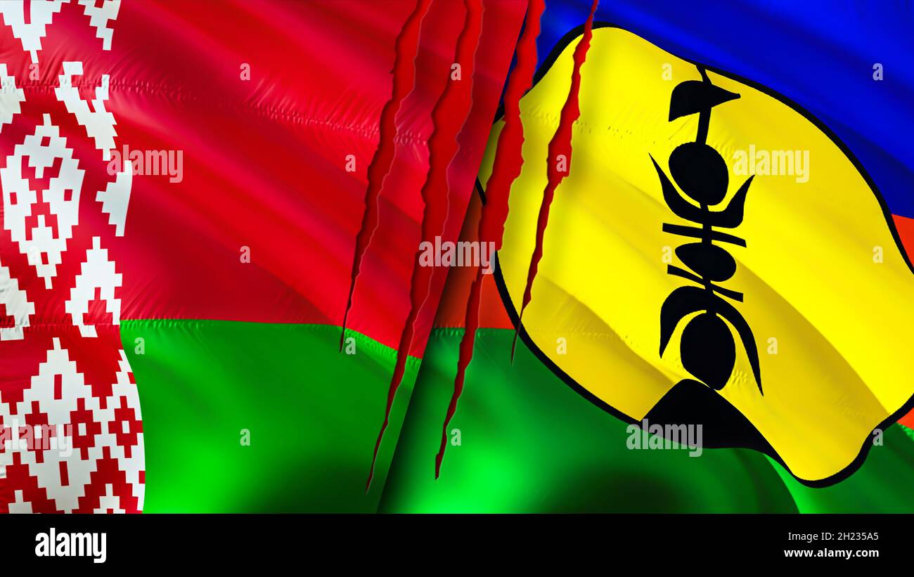 Belarus and New Caledonia flags with scar concept. Waving flag,3D ...