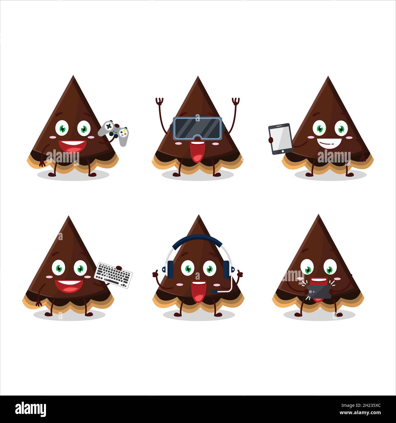 Slice of chocolate tart cartoon character are playing games with ...