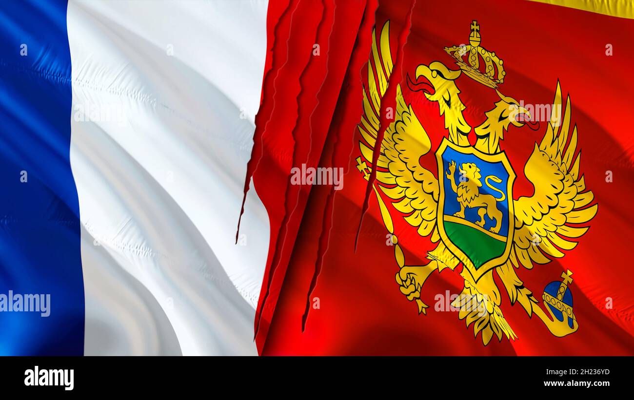 France and Montenegro flags with scar concept. Waving flag,3D rendering ...