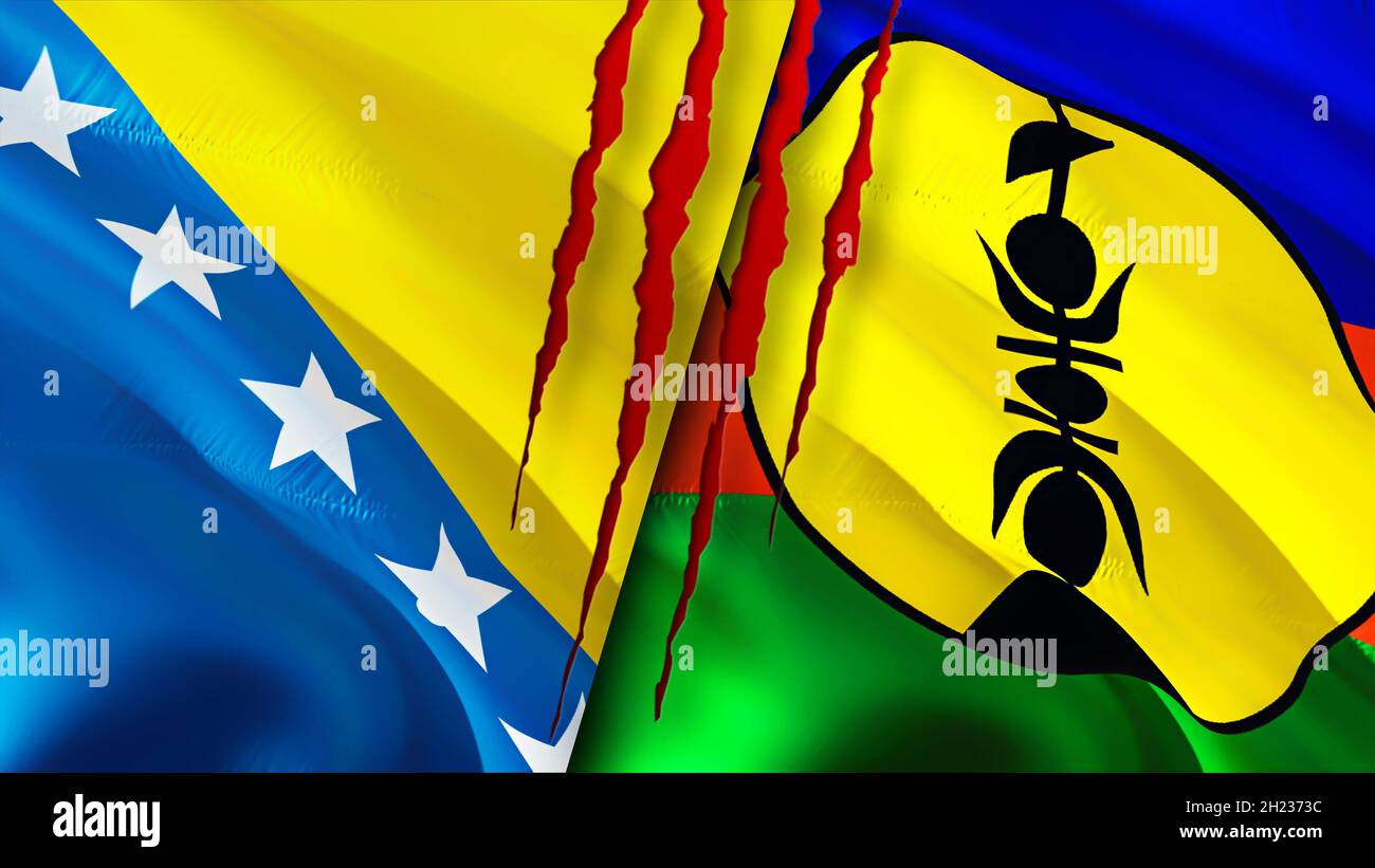 Bosnia and New Caledonia flags with scar concept. Waving flag,3D ...