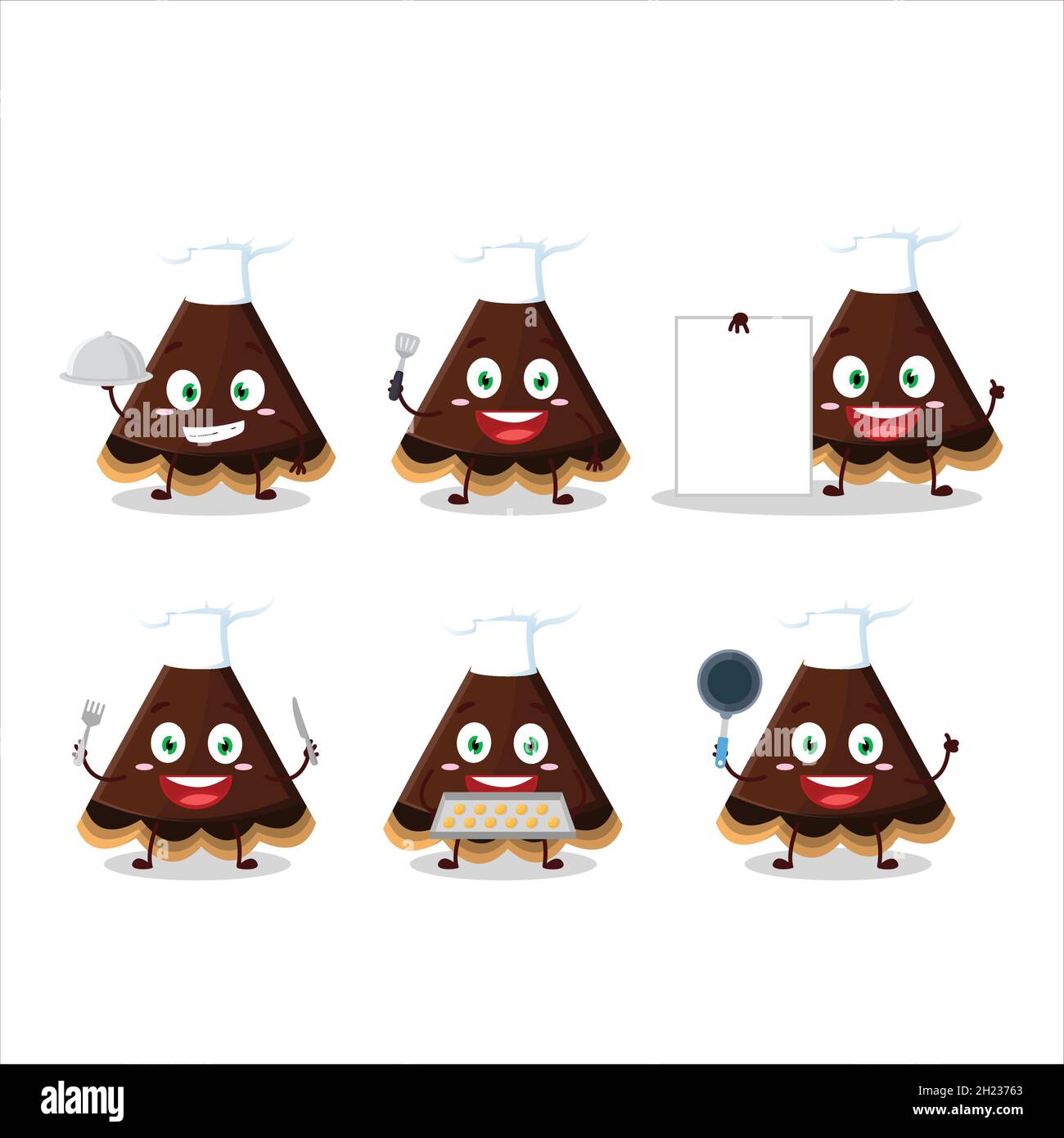 Cartoon character of slice of chocolate tart with various chef ...