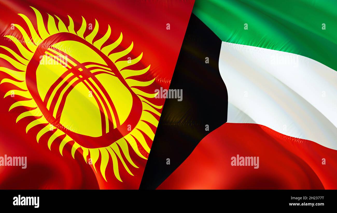 Kyrgyzstan and Kuwait flags. 3D Waving flag design. Kyrgyzstan Kuwait ...