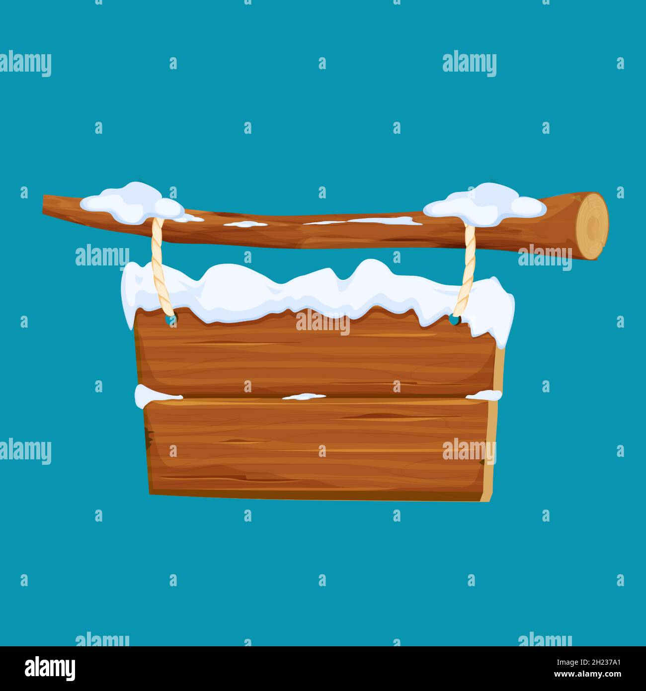 Hanging wooden signpost with rope and snow, textured frame in cartoon ...