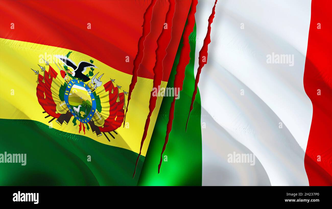 Bolivia and Italy flags with scar concept. Waving flag,3D rendering ...