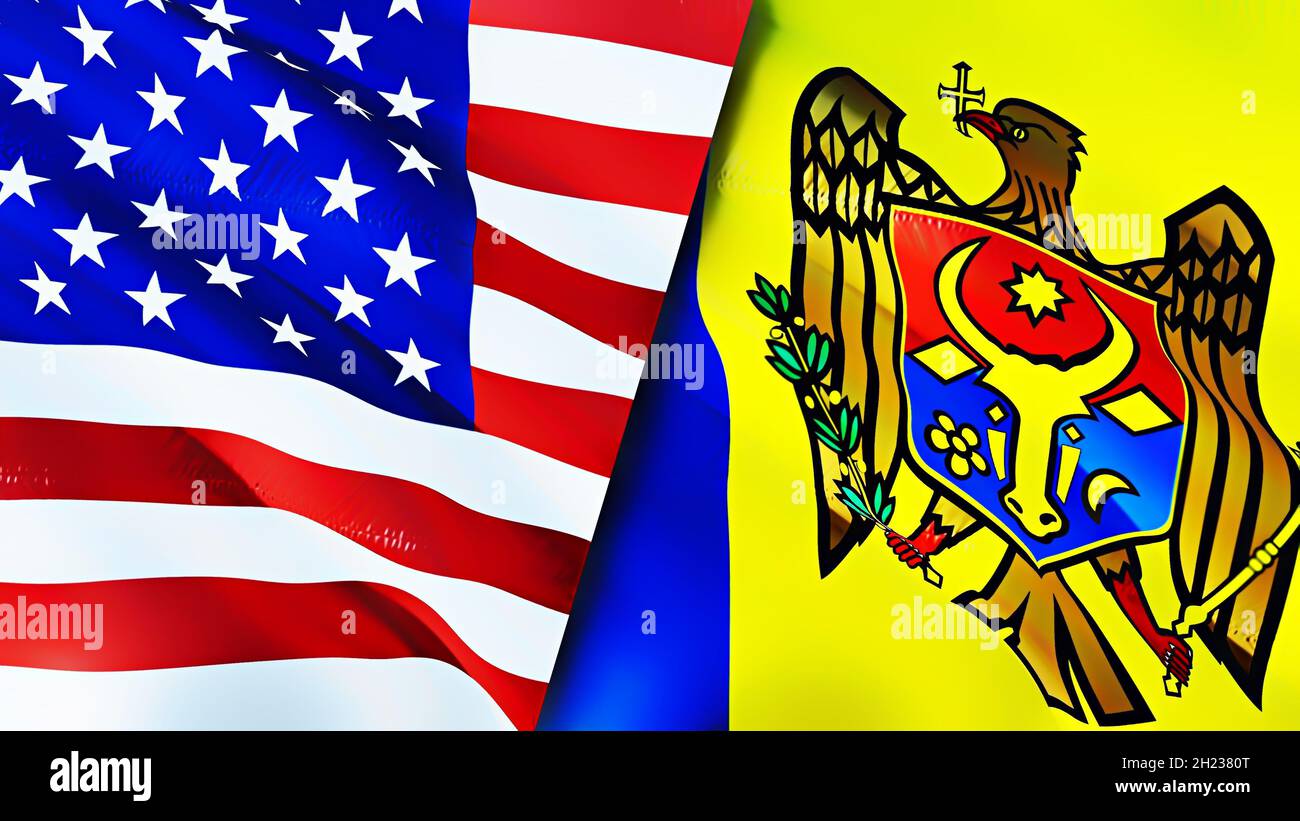 United States and Moldova flags. 3D Waving flag design. United States ...