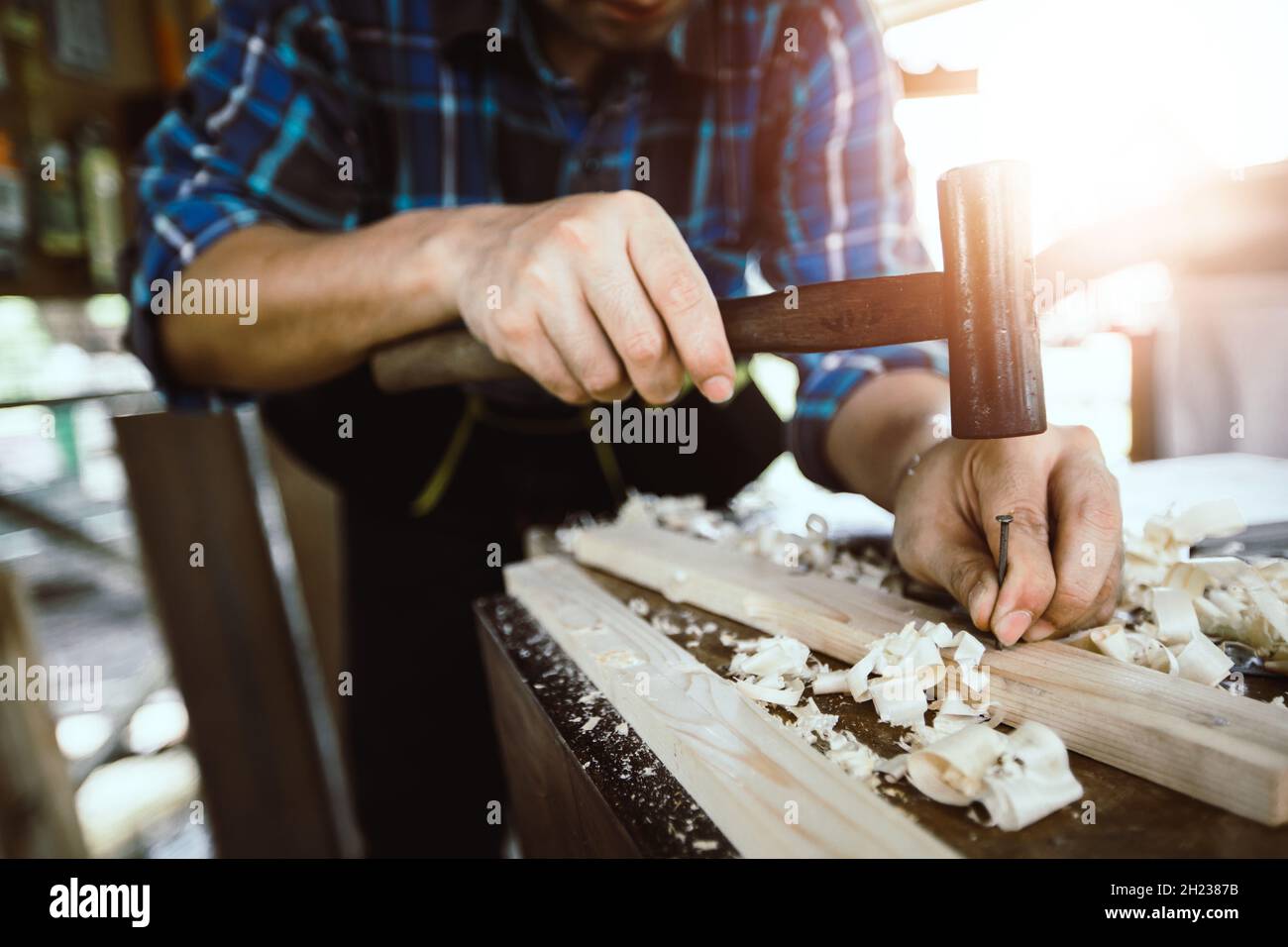 close up carpenter man working and hit a nail by hummer on wood in shop ...