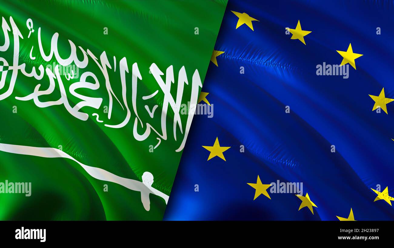 Saudi Arabia and European Union flags. 3D Waving flag design. European ...