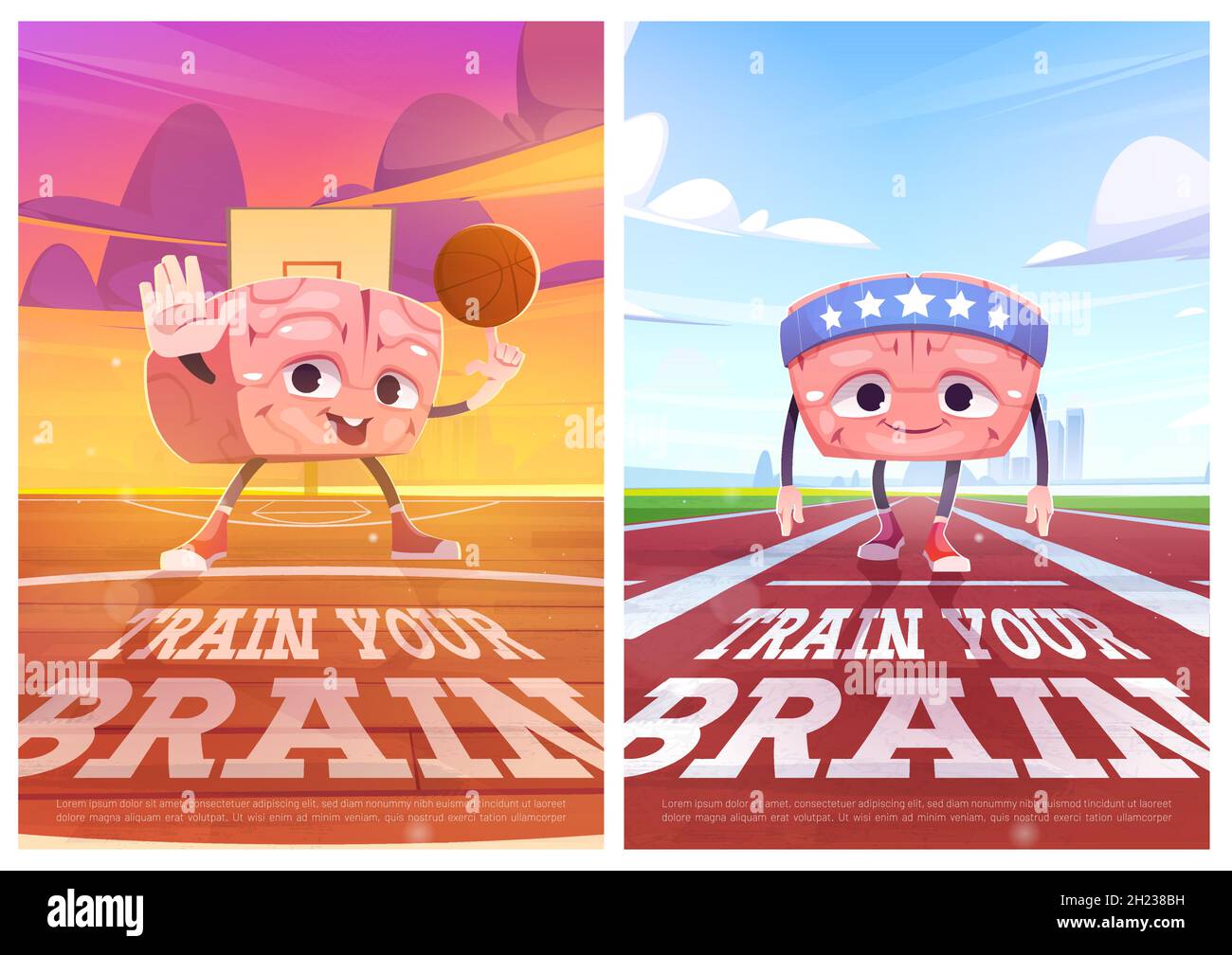 Train your Brain cartoon posters with marrow sportsman character racing ...