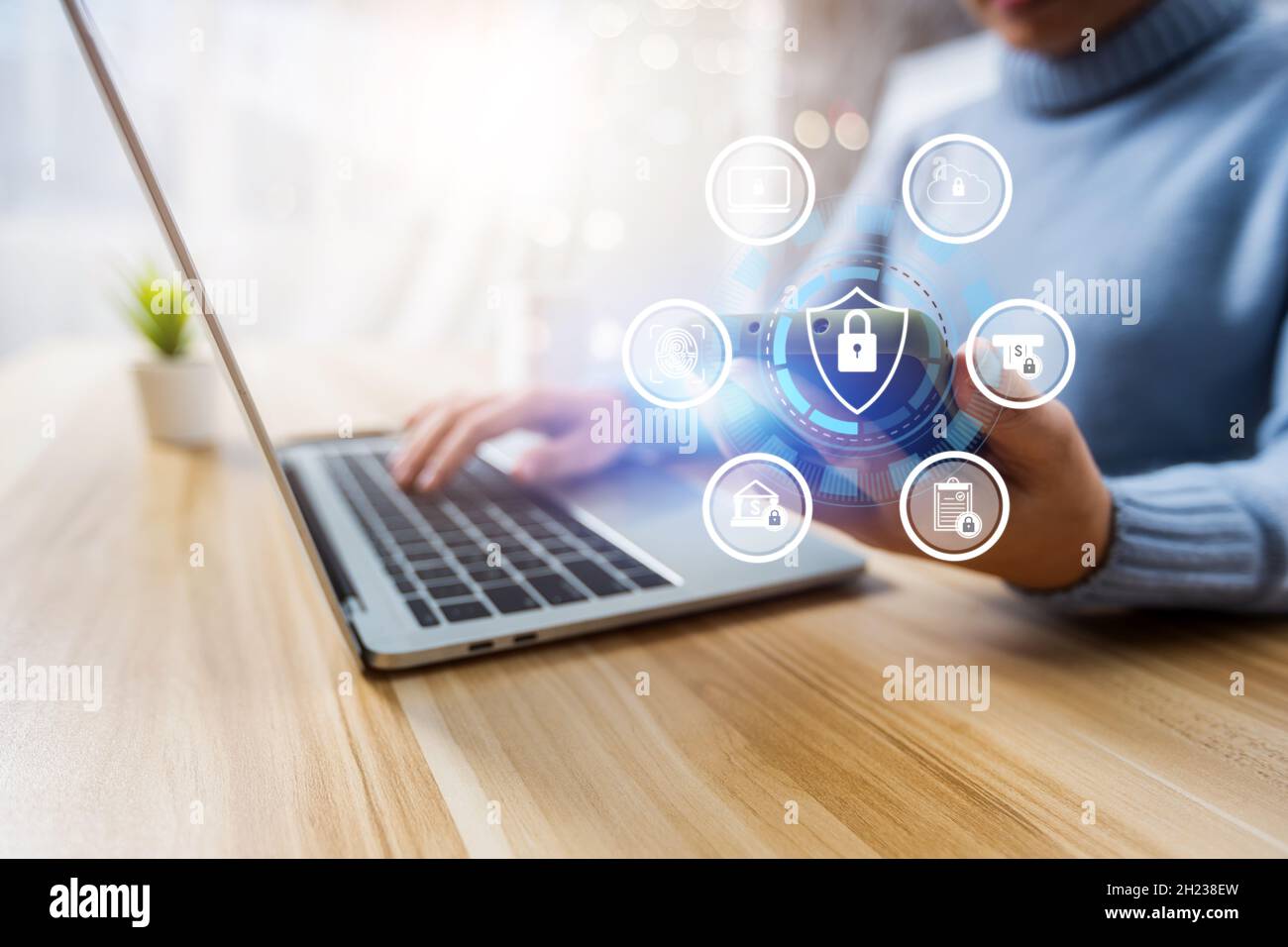 security data cyber and technology concept with icon, close up woman ...