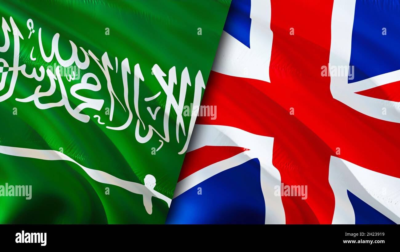 Saudi Arabia and United Kingdom flags. 3D Waving flag design. United ...