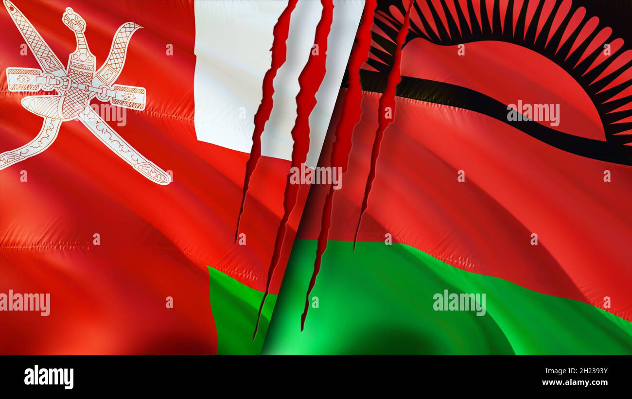 Oman and Malawi flags with scar concept. Waving flag,3D rendering ...