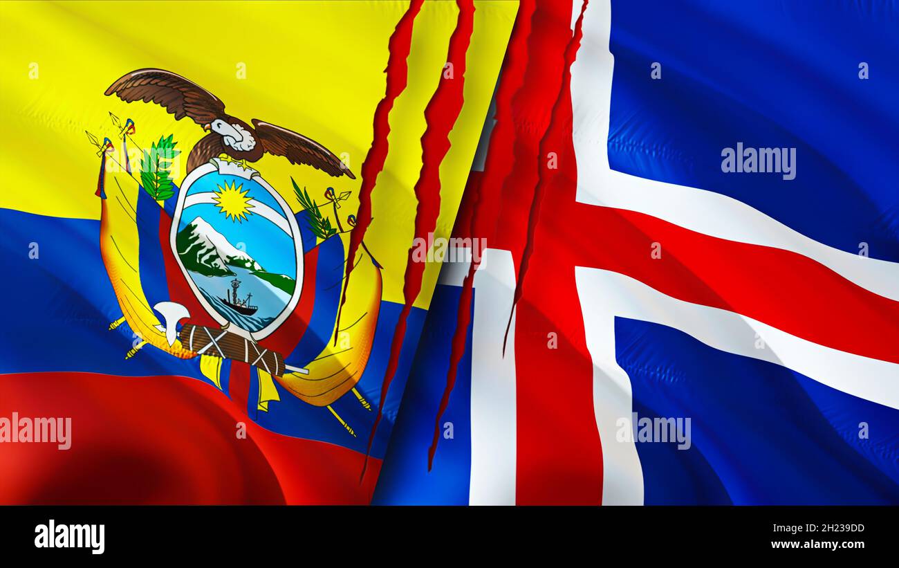 Ecuador and Iceland flags with scar concept. Waving flag 3D rendering ...