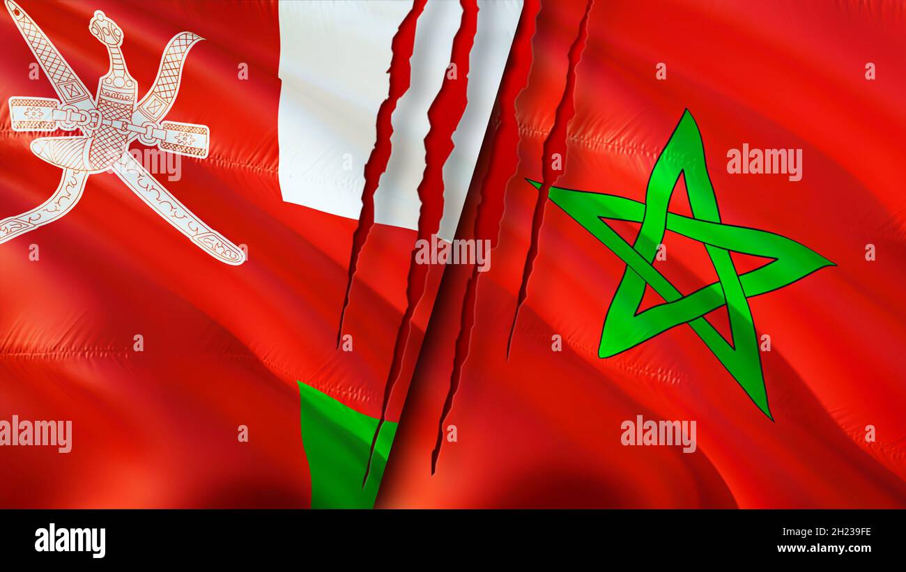Oman and Morocco flags with scar concept. Waving flag,3D rendering ...