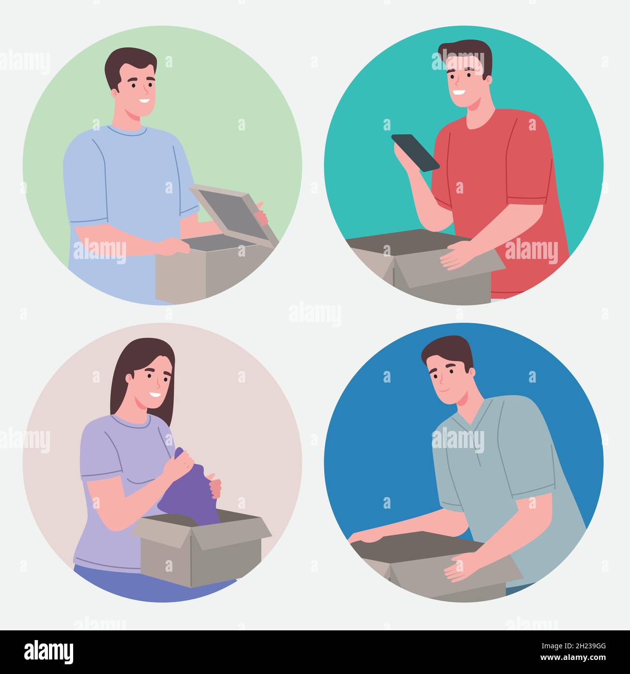 people smiling opening boxes Stock Vector Image & Art - Alamy