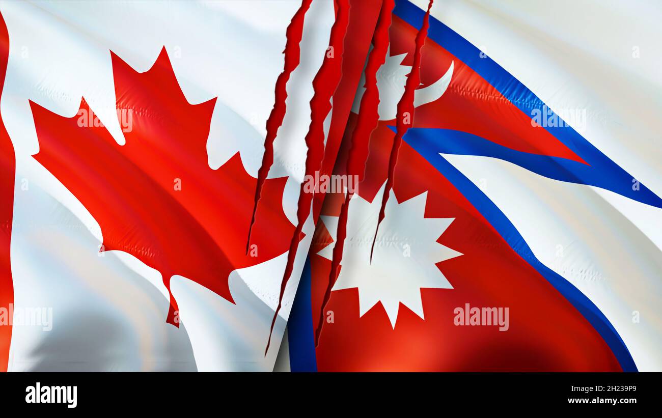 Canada and Nepal flags with scar concept. Waving flag,3D rendering. Canada and Nepal conflict ...