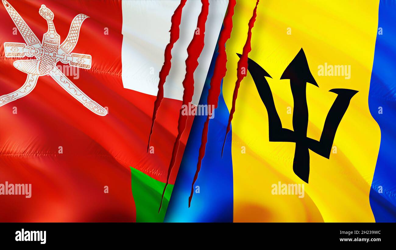 Oman and Barbados flags with scar concept. Waving flag,3D rendering ...