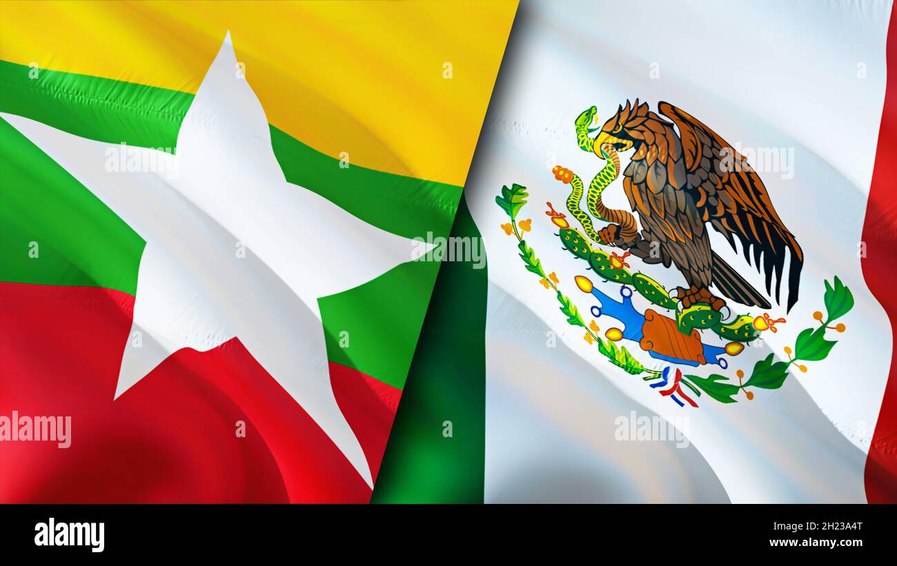 Myanmar and Mexico flags. 3D Waving flag design. Mexico Myanmar flag ...