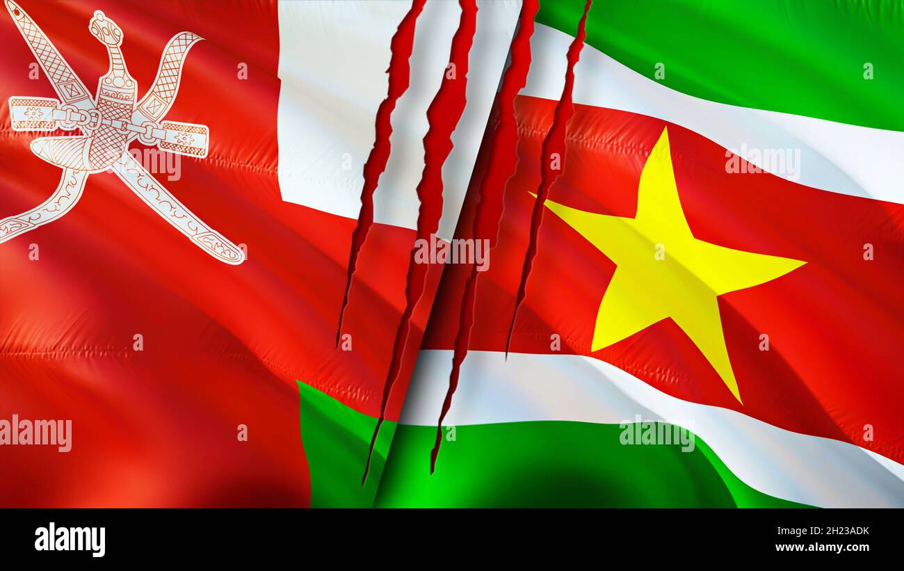 Oman and Suriname flags with scar concept. Waving flag,3D rendering ...