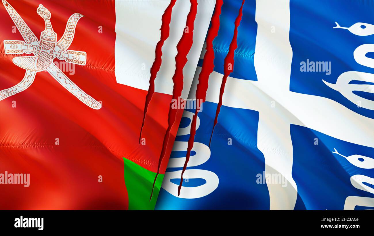 Oman and Martinique flags with scar concept. Waving flag,3D rendering ...