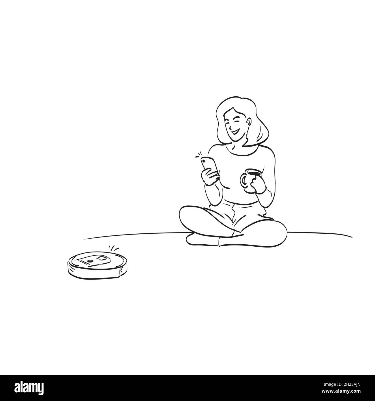 line art woman with coffee cup in hand using smartphone to control ...