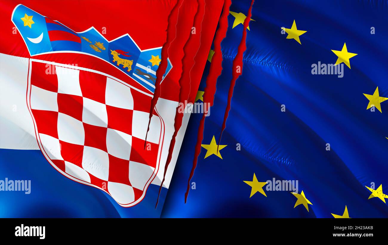 Croatia and European Union flags with scar concept. Waving flag,3D ...