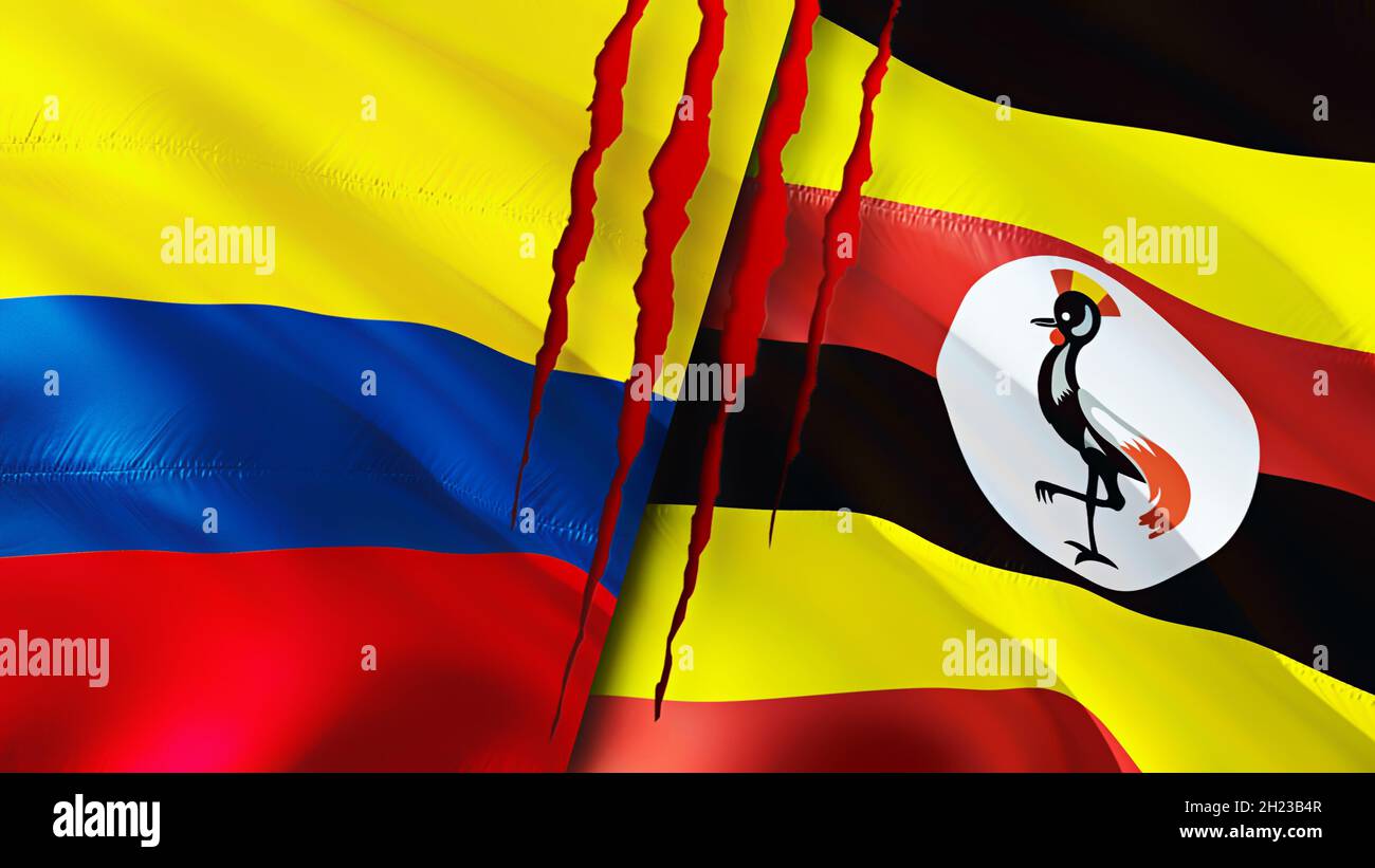 Colombia and Uganda flags with scar concept. Waving flag 3D rendering ...