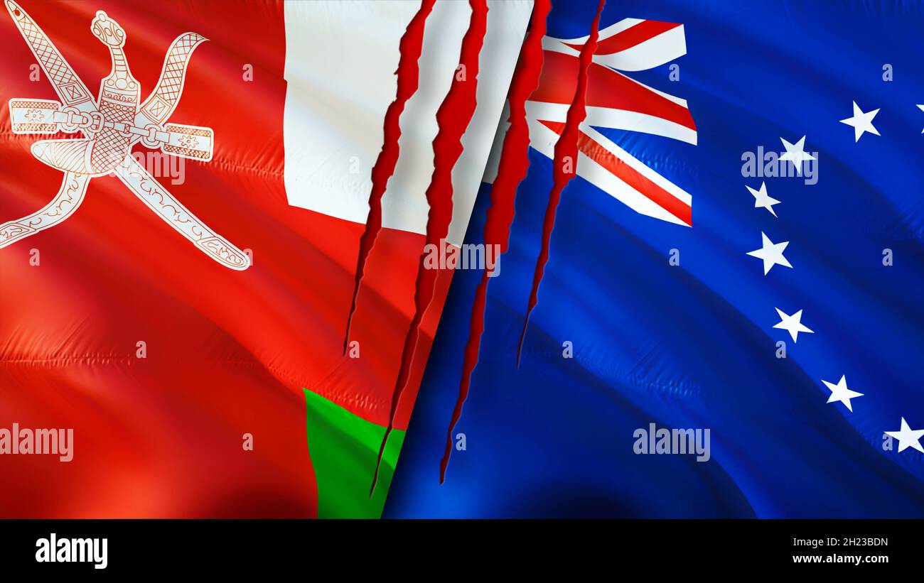 Oman and Cook Islands flags with scar concept. Waving flag,3D rendering ...