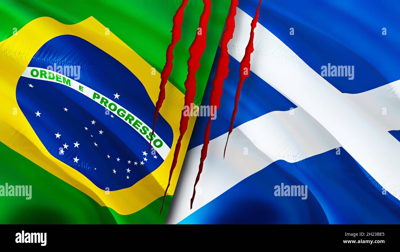 Brazil and Scotland flags with scar concept. Waving flag 3D rendering ...