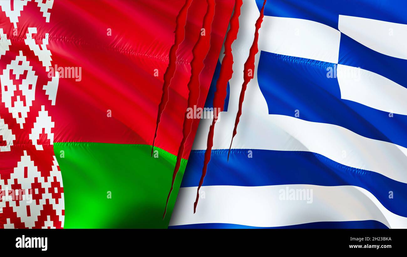 Belarus and Greece flags with scar concept. Waving flag,3D rendering ...
