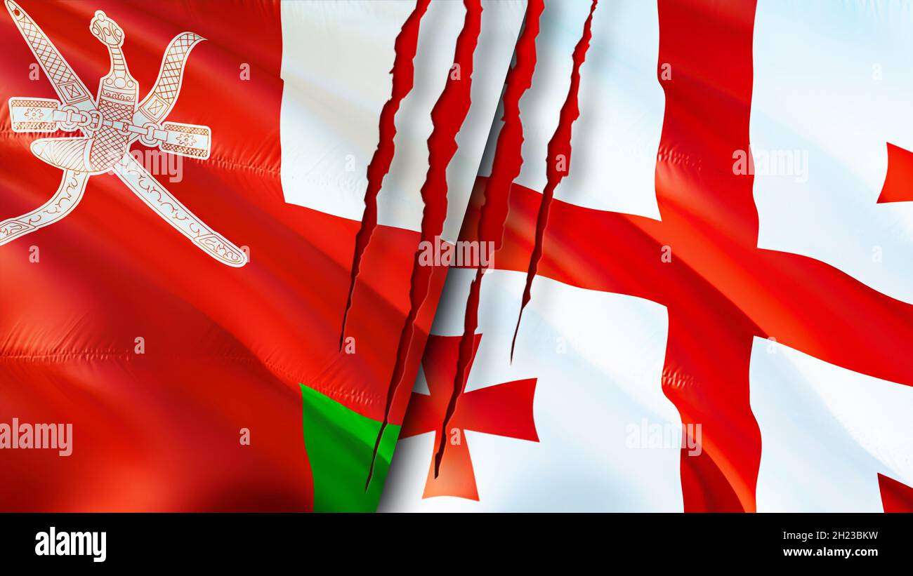 Oman and Georgia flags with scar concept. Waving flag,3D rendering ...