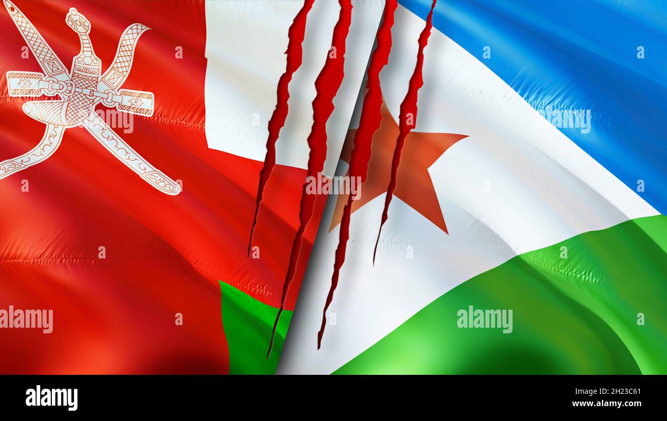 Oman and Djibouti flags with scar concept. Waving flag,3D rendering ...