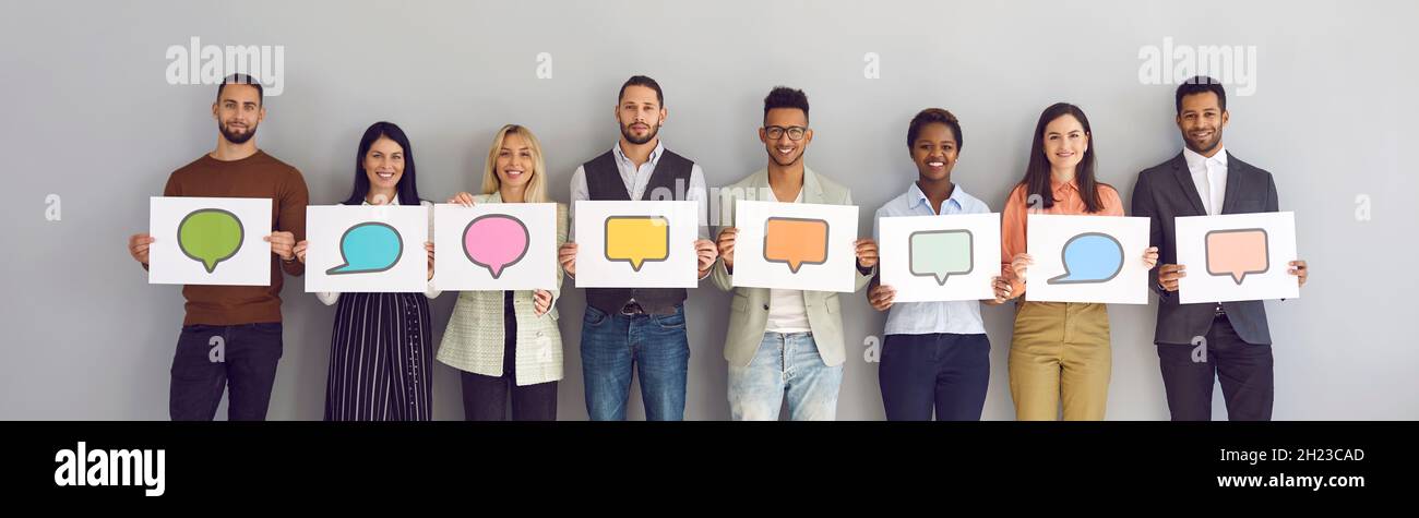 Diverse people holding message icons like those on social media and in ...