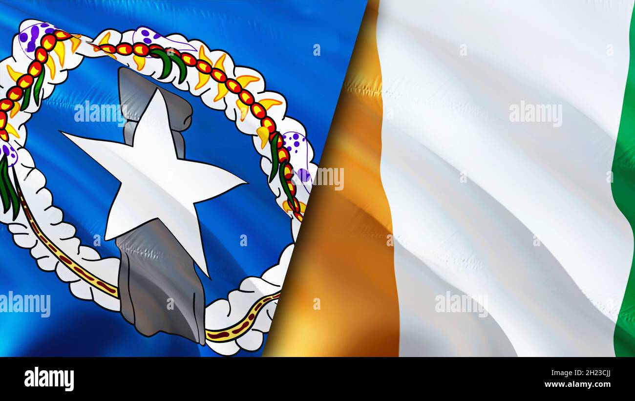 Mariana Islands and Cote d'Ivoire flags. 3D Waving flag design. Cote d ...