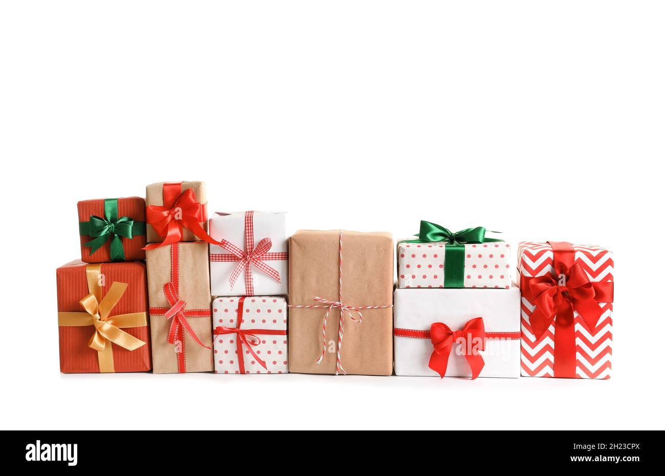 Beautifully wrapped gift boxes on white background Stock Photo - Alamy