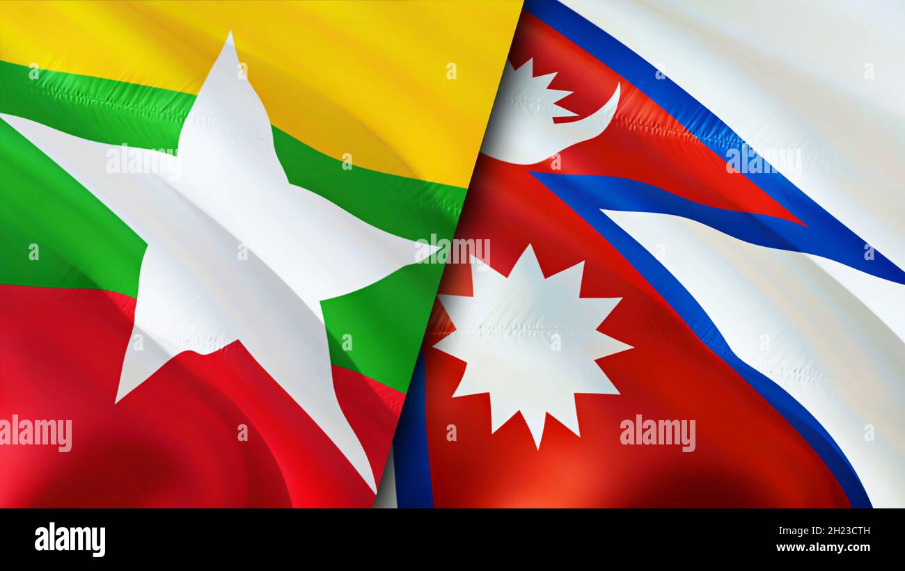 Myanmar and Nepal flags. 3D Waving flag design. Nepal Myanmar flag ...