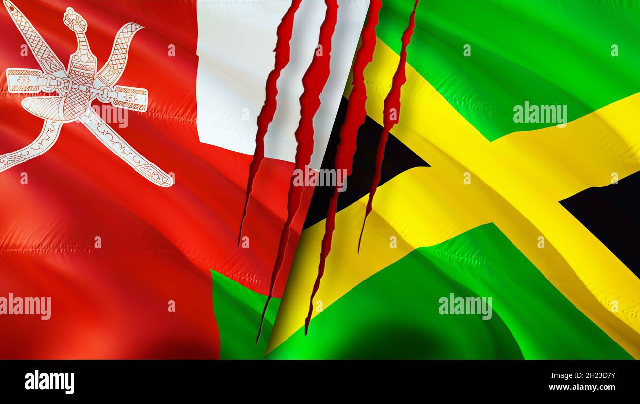 Oman and Jamaica flags with scar concept. Waving flag,3D rendering ...