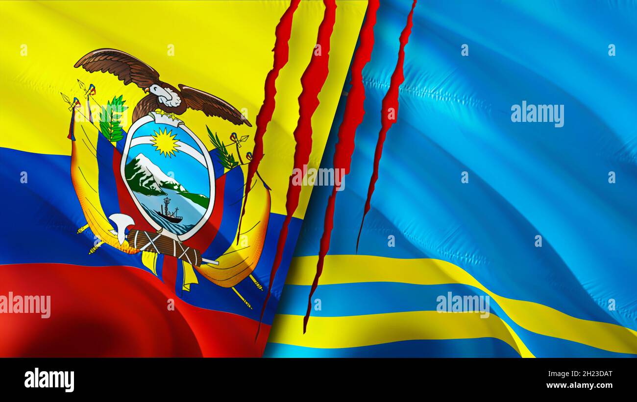 Ecuador and Aruba flags with scar concept. Waving flag 3D rendering. Ecuador and Aruba conflict ...