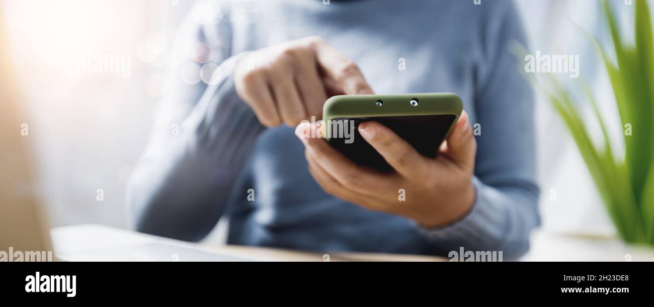 Close up hand of woman pressing on phone, technology and new normal ...