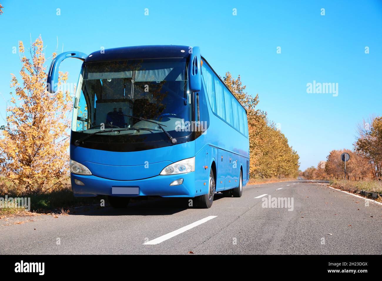Modern blue bus on road. Passenger transportation Stock Photo - Alamy