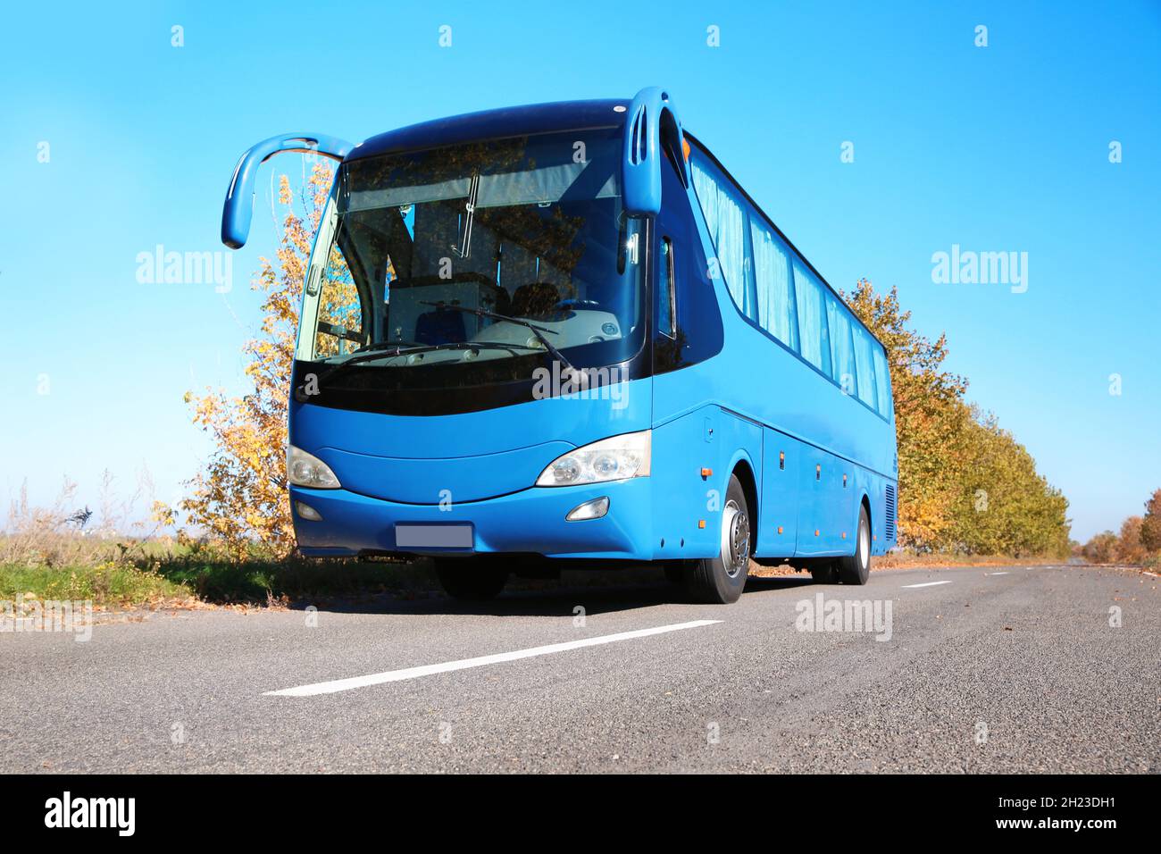 Modern blue bus on road. Passenger transportation Stock Photo - Alamy