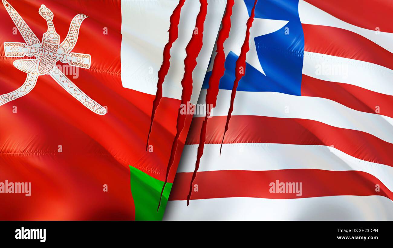 Oman and Liberia flags with scar concept. Waving flag,3D rendering ...