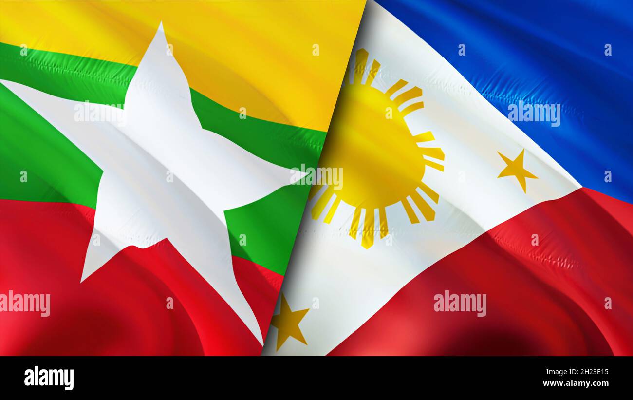 Myanmar and Philippines flags. 3D Waving flag design. Philippines ...